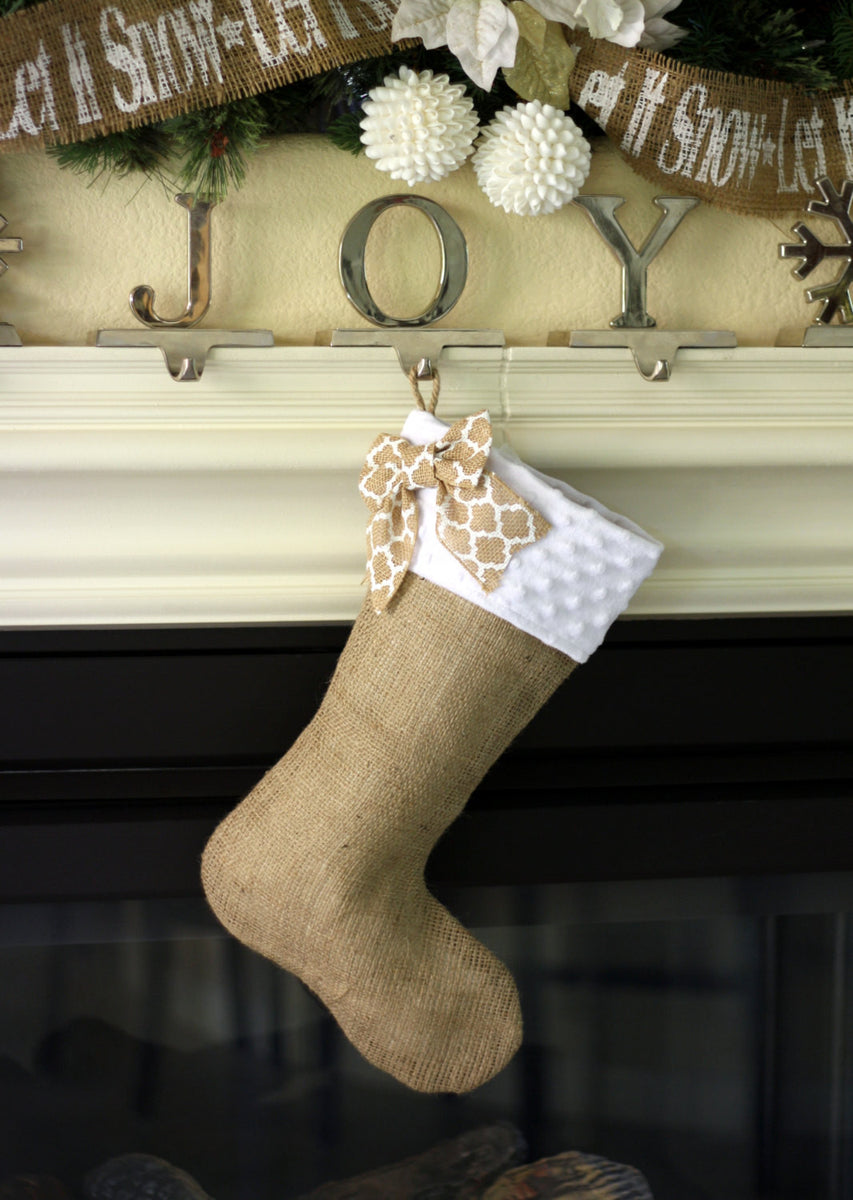 White Minky and Burlap Christmas Stocking Set – BurlapBabe